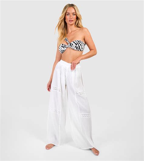 Buy Boohoo Lace Detail Wide Leg Beach Trousers In White 6thstreet Qatar
