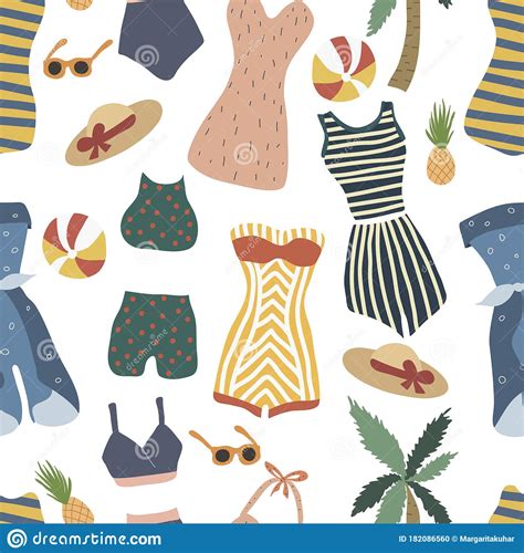 Summer Seamless Pattern With Lingerie And Swimsuit Retro Collection
