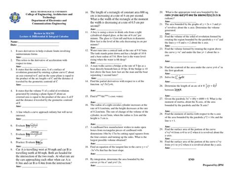 Review In Math Lecture 4 Differential And Integral Calculus Rizal