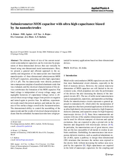 Pdf Submicrometer Mos Capacitor With Ultra High Capacitance Biased By Au Nanoelectrodes