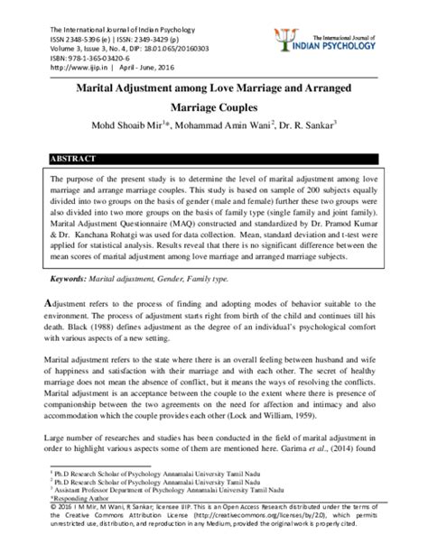 Pdf Marital Adjustment Among Love Marriage And Arranged Marriage Couples