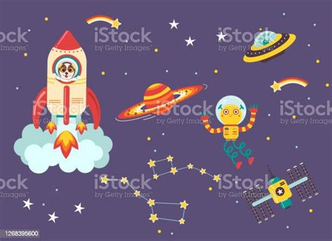 재미있는 아이 공간 교통 세트 우주선 Ufo 우주 정거장 및 우주 로봇 만화 벡터 일러스트는 어두운 배경에 고립 0명에 대한