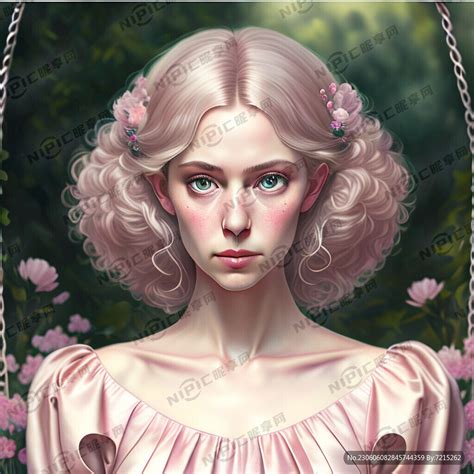 Ai创作图一位五官很立体 大眼睛 高鼻梁 有浓密的头发 穿着粉色的真丝连衣裙 在花园里荡秋千 昵图网