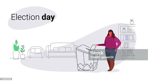 선거 일 개념 뚱뚱한 뚱뚱한 여자 유권자 투표 하는 동안 상자에 종이 투표 지 목록을 넣어 지방 여성 캐릭터 전체 길이 스케치