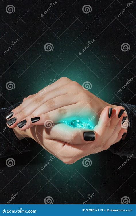 Woman Holding Glowing Magic Particles In They Palms Stock Image Image