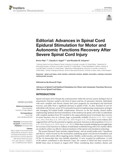 Pdf Editorial Advances In Spinal Cord Epidural Stimulation For Motor And Autonomic Functions
