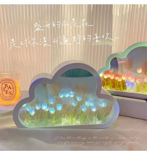 Diy 구름 튤립 Led 야간 조명 소녀 침실 장식품 창의적인 사진 프레임 거울 테이블 램프 머리맡 수제 생 티몬