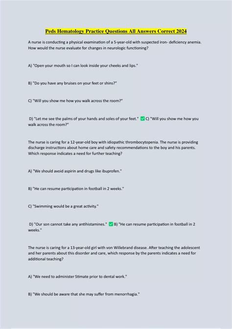 Peds Hematology Practice Questions All Answers Correct 2024 Peds