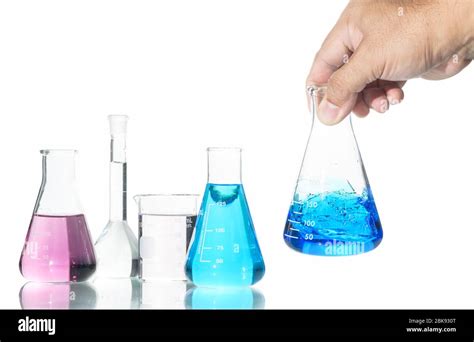 Hand Scientist Shaking Erlenmeyer Flask With Blue Liquid Isolated On White Background