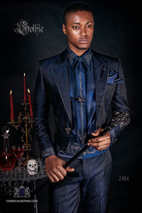 Baroque Blue Jacquard Groom Tailcoat For Gothic Wedding By Ottavio