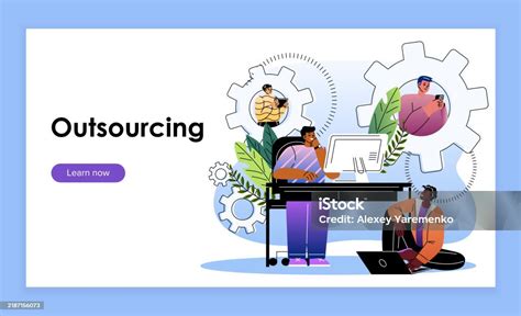 아웃소싱 랜딩 페이지 남자는 동료들과 함께 컴퓨터 앞에 앉아 있다 원격 근무자와 프리랜서는 공통 프로젝트에서 일합니다 평면 벡터