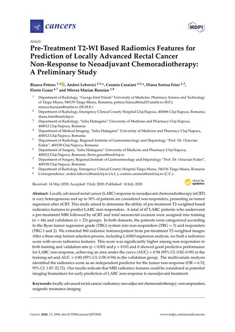 Pdf Pre Treatment T2 Wi Based Radiomics Features For Prediction Of Locally Advanced Rectal