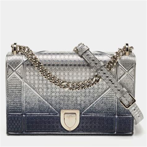 Dior Ombre Silver Microcannage Patent Leather Medium Diorama Flap