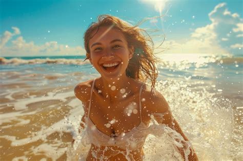 Premium Photo Joyful Young Woman Enjoying Summer Splashes At A Sunny