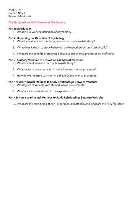 Week 1 Guided Notes Psyc 1f Guided Notes Research Methods The Big Questions Well Answer In