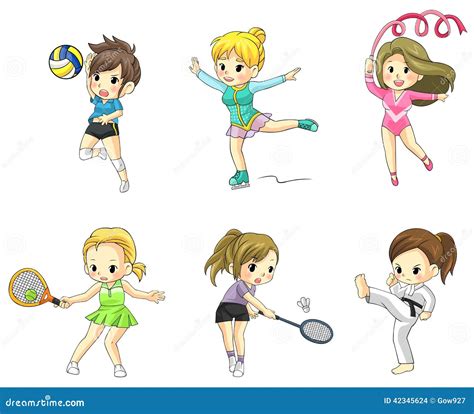 Cartoon Athlete Girls Icon In Various Type Of Spor Stock Vector Image 42345624