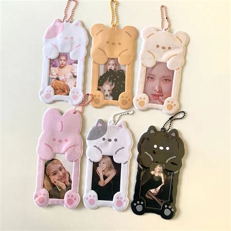 귀여운 만화 곰 고양이 포토카드 홀더 키 체인 3 인치 포토카드 보호대 포토 프레임 아이돌 포토 슬리브 포토 포켓