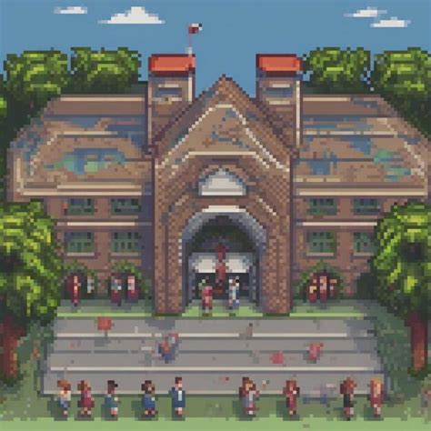 Pixel Art Depicting A Bustling School Environment With Students And