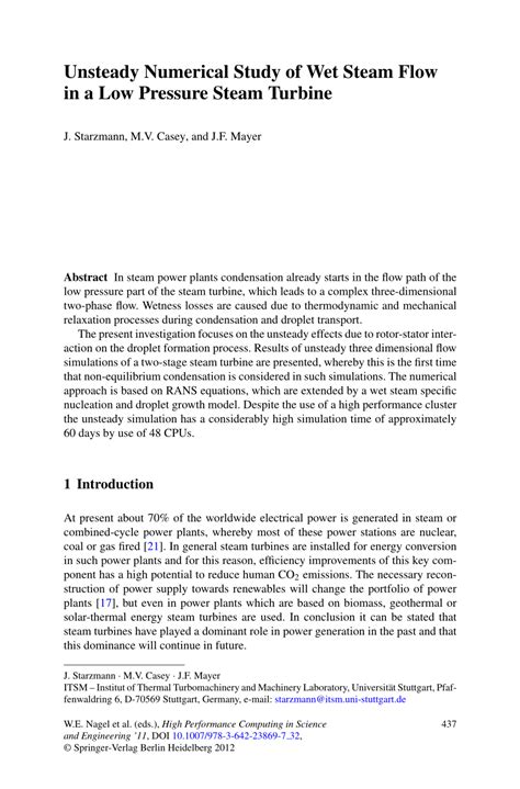 PDF Unsteady Numerical Study Of Wet Steam Flow In A Low Pressure Steam Turbine