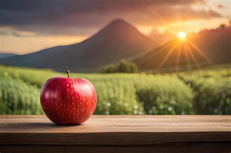 Premium Ai Image Red Apple On A Window Sill With Sunset In The Background