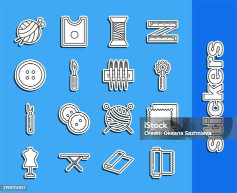 세트 라인 섬유 직물 롤 커터 도구 스풀의 재봉실 옷 단추 뜨개질 바늘이 있는 실 공 및 바늘 재봉 아이콘 벡터 가사 집안일에 대한 스톡 벡터 아트 및 기타 이미지 Istock