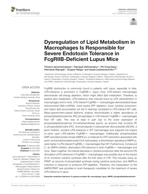 PDF Dysregulation Of Lipid Metabolism In Macrophages Is Responsible For Severe Endotoxin