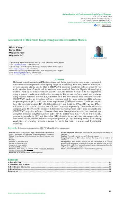 Pdf Assessment Of Reference Evapotranspiration Estimation Models