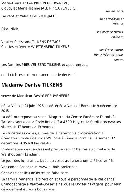 Avis De Décès De Denise Tilkens Décédé Le 09122015 à Vaux Et Borset