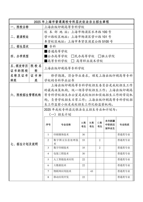 【招生简章】2025年上海出版印刷高等专科学校三月自主招生考试 三校升app