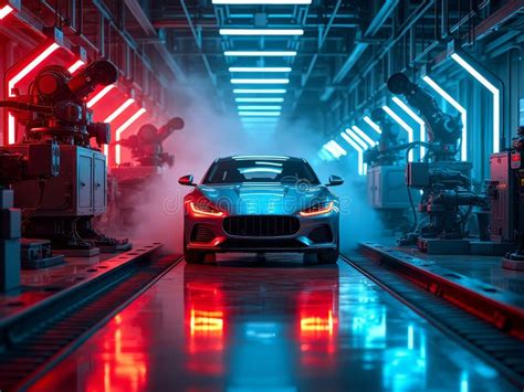 Futuristic Electric Car In High Tech Robotic Assembly Line With Neon