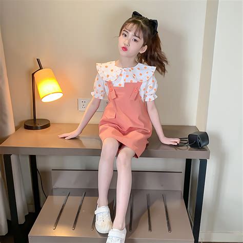女童背带裙夏季套装2023新款洋气时髦儿童短袖夏装大童薄款连衣裙虎窝淘