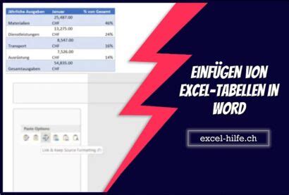 Einfügen von Excel Tabellen in Word excel hilfe ch