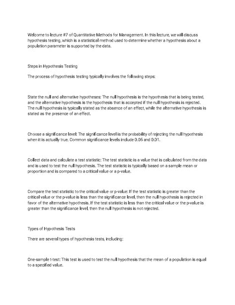 Lecture 7 Hypothesis Testing Welcome To Lecture 7 Of Quantitative