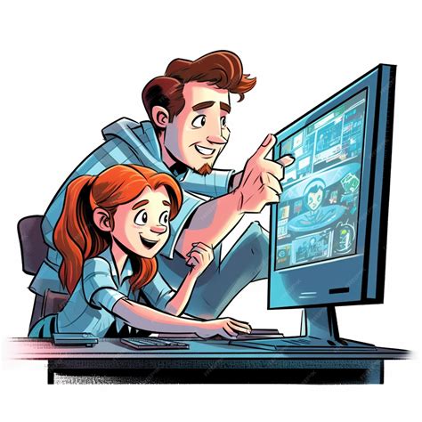 Premium Photo Cartoon Of A Man And Woman Looking At A Computer Screen
