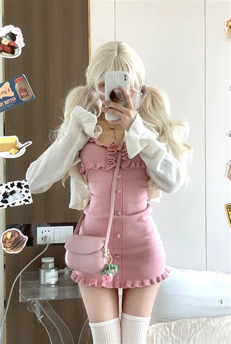 Korean Sexy Cute Pink Ruffle Dress With White Strawberry Cardigan Two