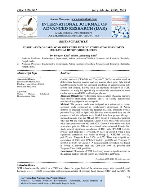 Pdf Correlation Of Cardiac Markers With Thyroid Stimulating Hormone In Subclinical
