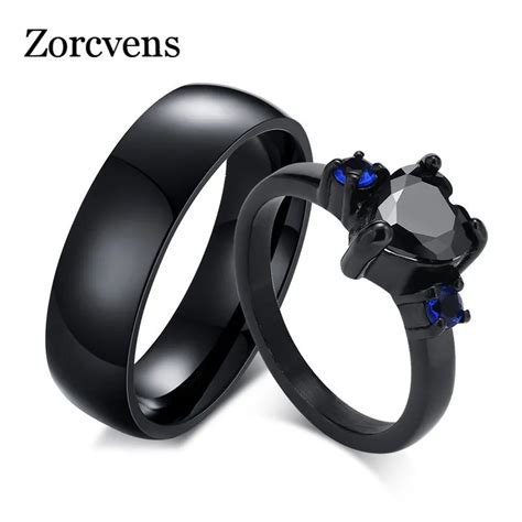 ZORCVENS New Fashion Black Stainless Steel Wedding Ring For Men And Women AAA CZ Stone Heart