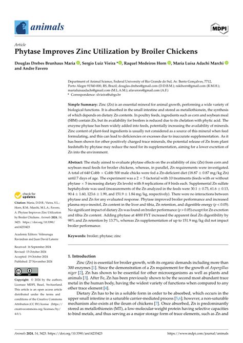 Pdf Phytase Improves Zinc Utilization By Broiler Chickens