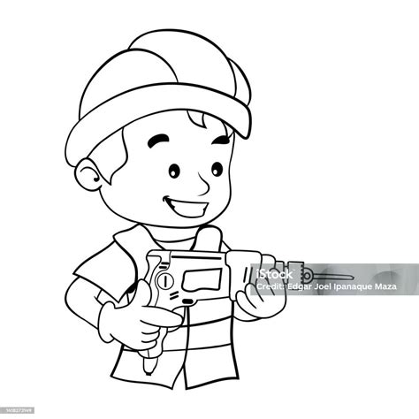 훈련을 운영하는 안전 헬멧을 가진 노동 노동자의 만화 디자인 산업 건설 노동자 또는 목공 색칠 공부 페이지 컬러링 북 페이지
