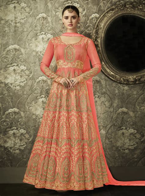 Peach Color Silk Indian Wedding Wear Anarkali 1003