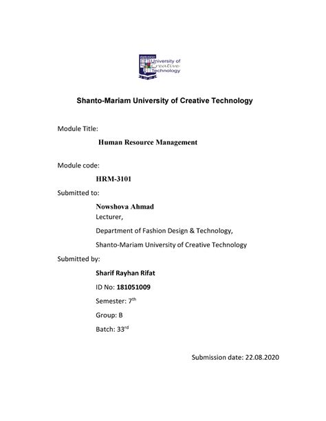 Hrm Assignment 181051009 Mariam University Of Creative Technology