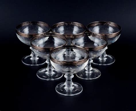 Murano Italy Six Mouth Blown Engraved Champagne Glasses With Silver