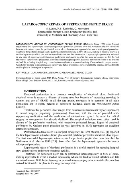 Pdf Laparoscopic Repair Of Perforated Peptic Ulcer