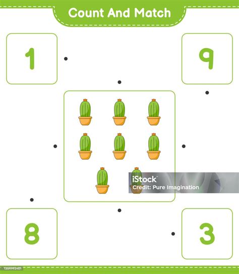 계산 및 일치 선인장의 수를 계산하고 올바른 숫자와 일치합니다 교육 어린이 게임 인쇄 워크 시트 벡터 일러스트레이션 0명에 대한