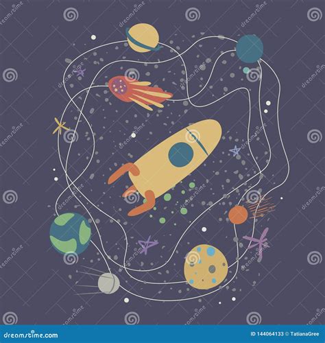 Ejemplo Del Vector Con El Cohete El Cometa Las Estrellas Y Los Planetas Vuelo Espacial