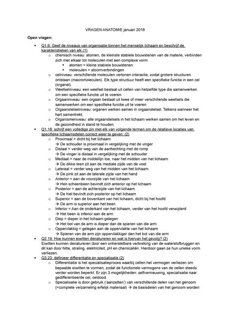 Tentamen 10 Januari 2018 Vragen En Antwoorden Vragen Anatomie