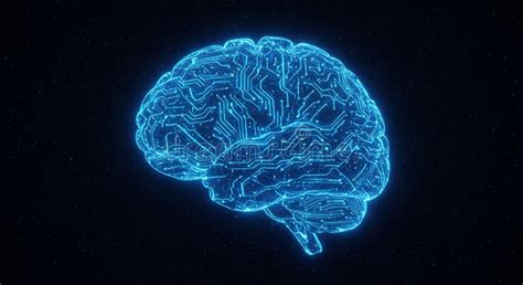 A Digital Representation of a Human Brain, Outlined in Blue Neon Light Against a Da Stock ...