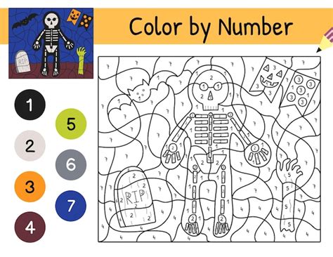 Halloween malen nach zahlenspiel für kinder mit einem skelett gruselige malseite druckbares