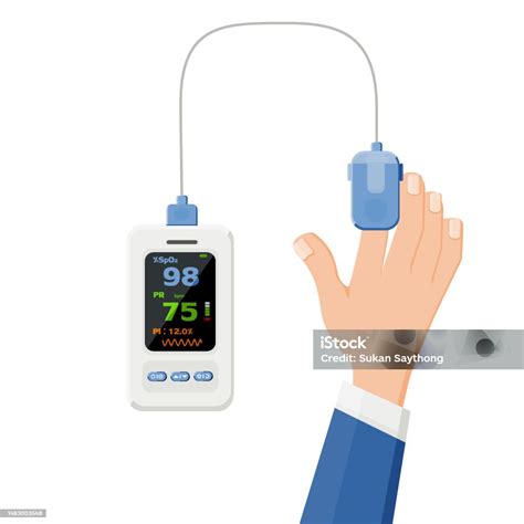 의료 장비 손가락 맥박 산소 농도계는 산소 포화도와 심박수를 측정하고 환자의 활력 징후를 보여주는 화면입니다 중요 모니터링 감지기에 대한 스톡 벡터 아트 및 기타 이미지