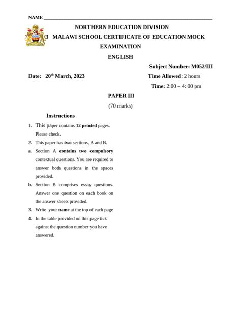 English Msce Paper 3 Pdf